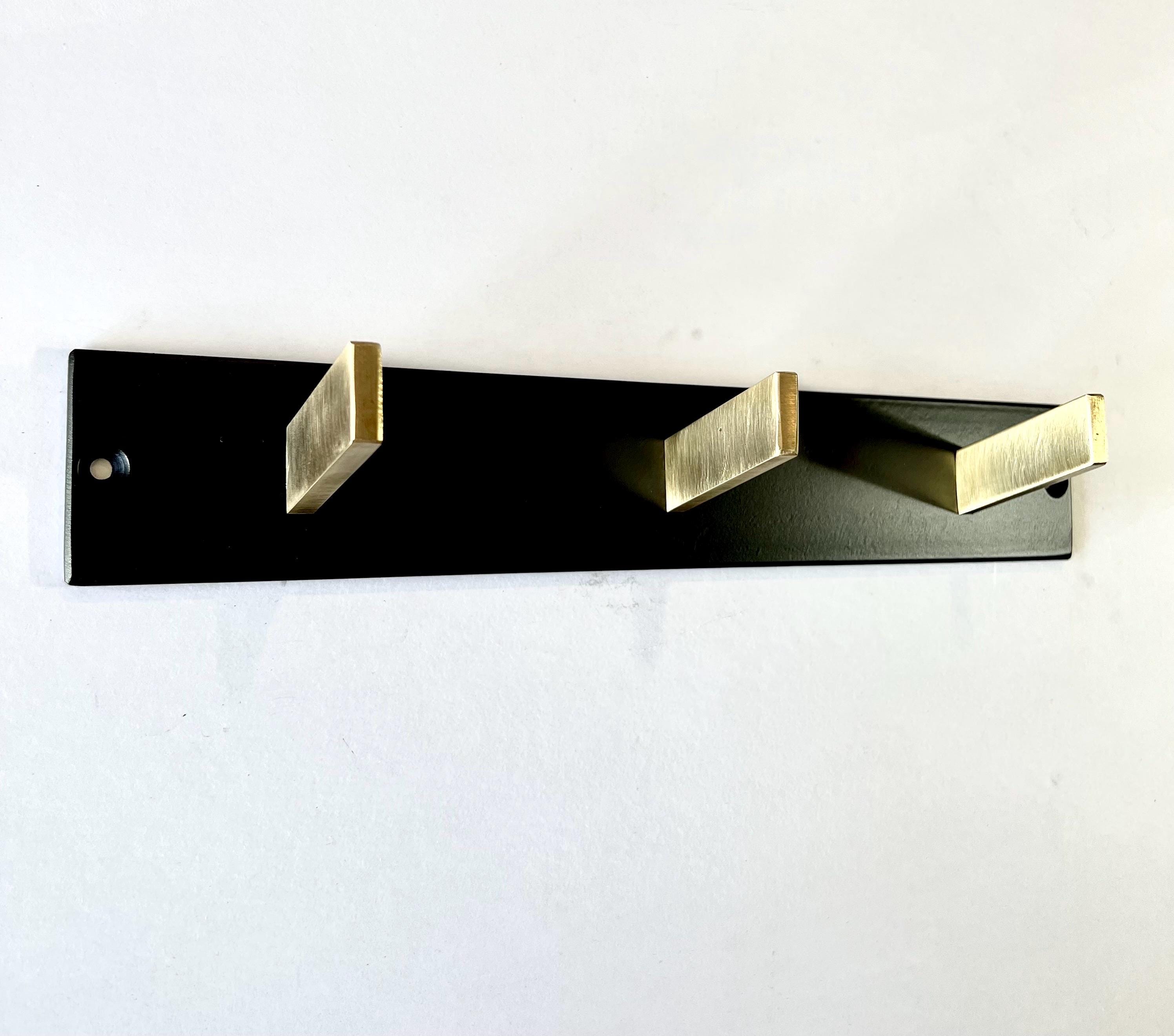 Satin black wall mounted coat rack with brass hooks – Hrdwre+Design